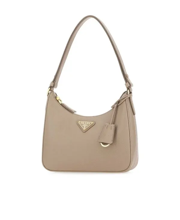 Prada Logo Plaque Zipped Shoulder Bag - Bean Paste Beige